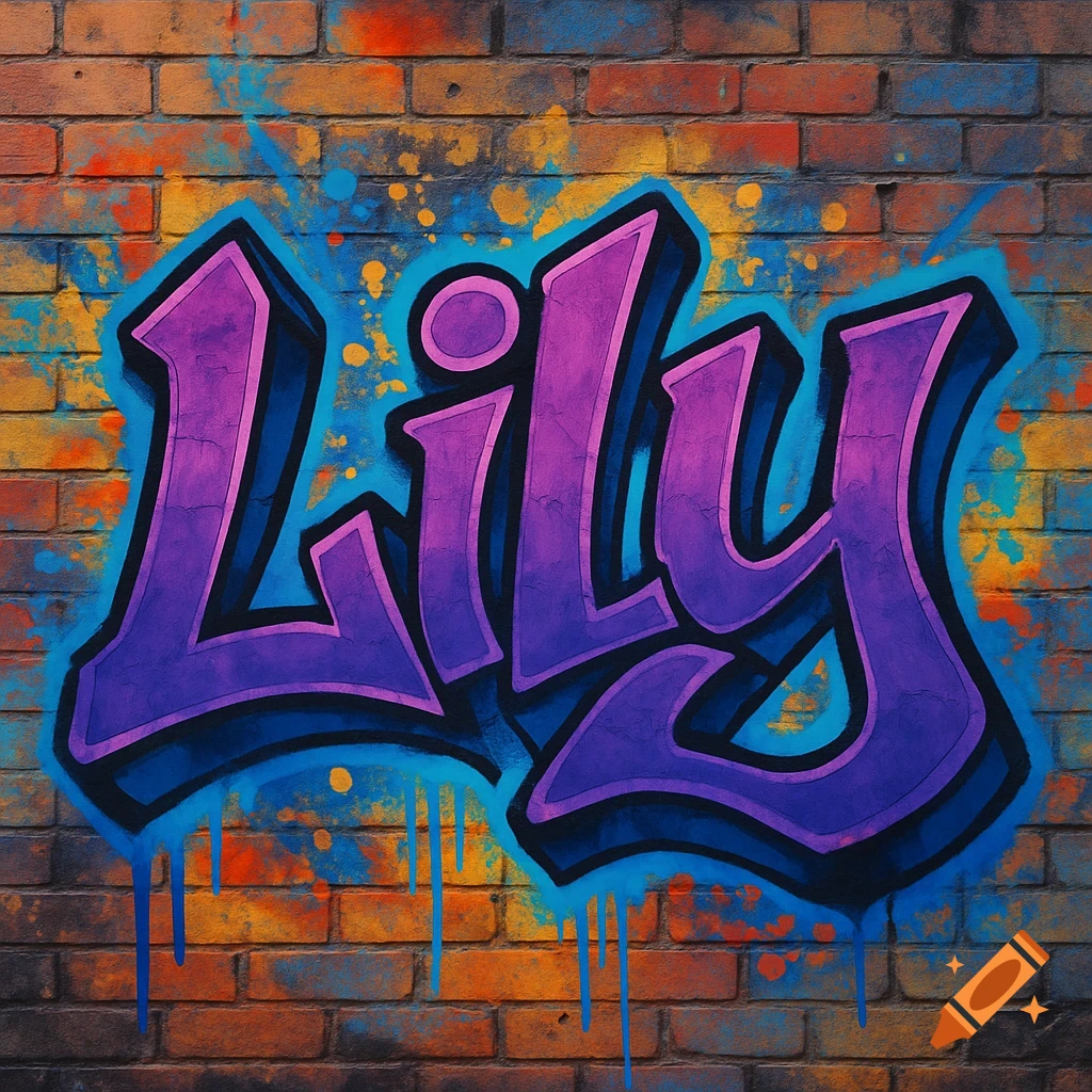 Graffiti of the name LILY on a brick wall with paint splatters. on Craiyon