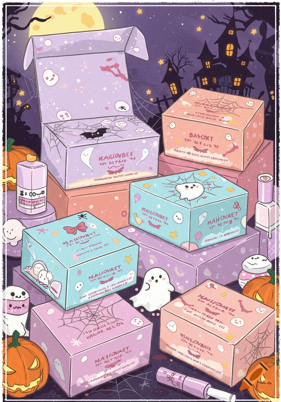 Illustration of stacked pastel spooky cute beauty boxes with ghosts and ...