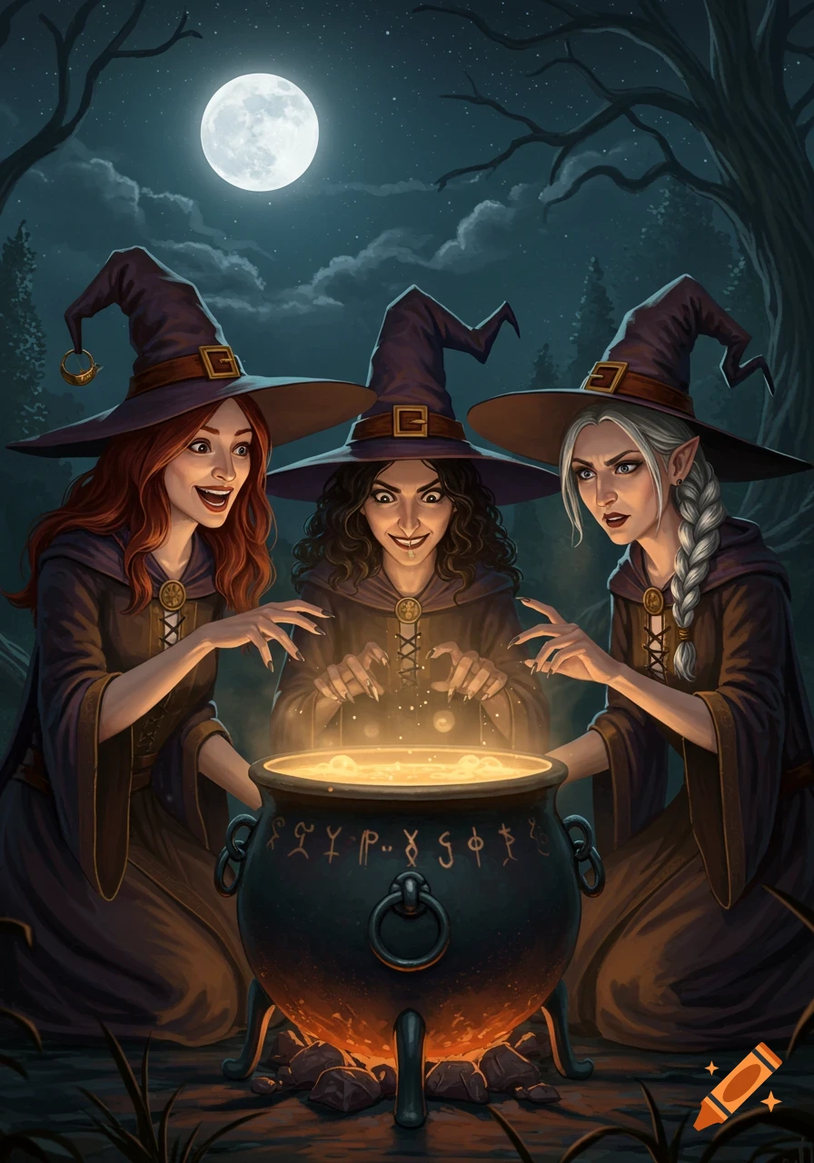 Three witches in pointed hats cast a spell over a bubbling cauldron at ...
