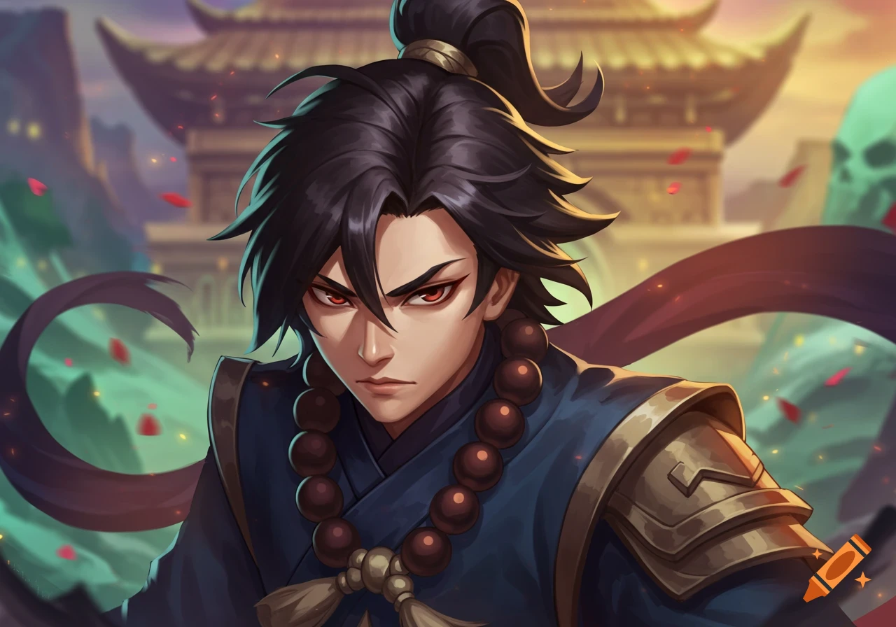 2D anime style portrait of a serious character with dark hair, red eyes ...