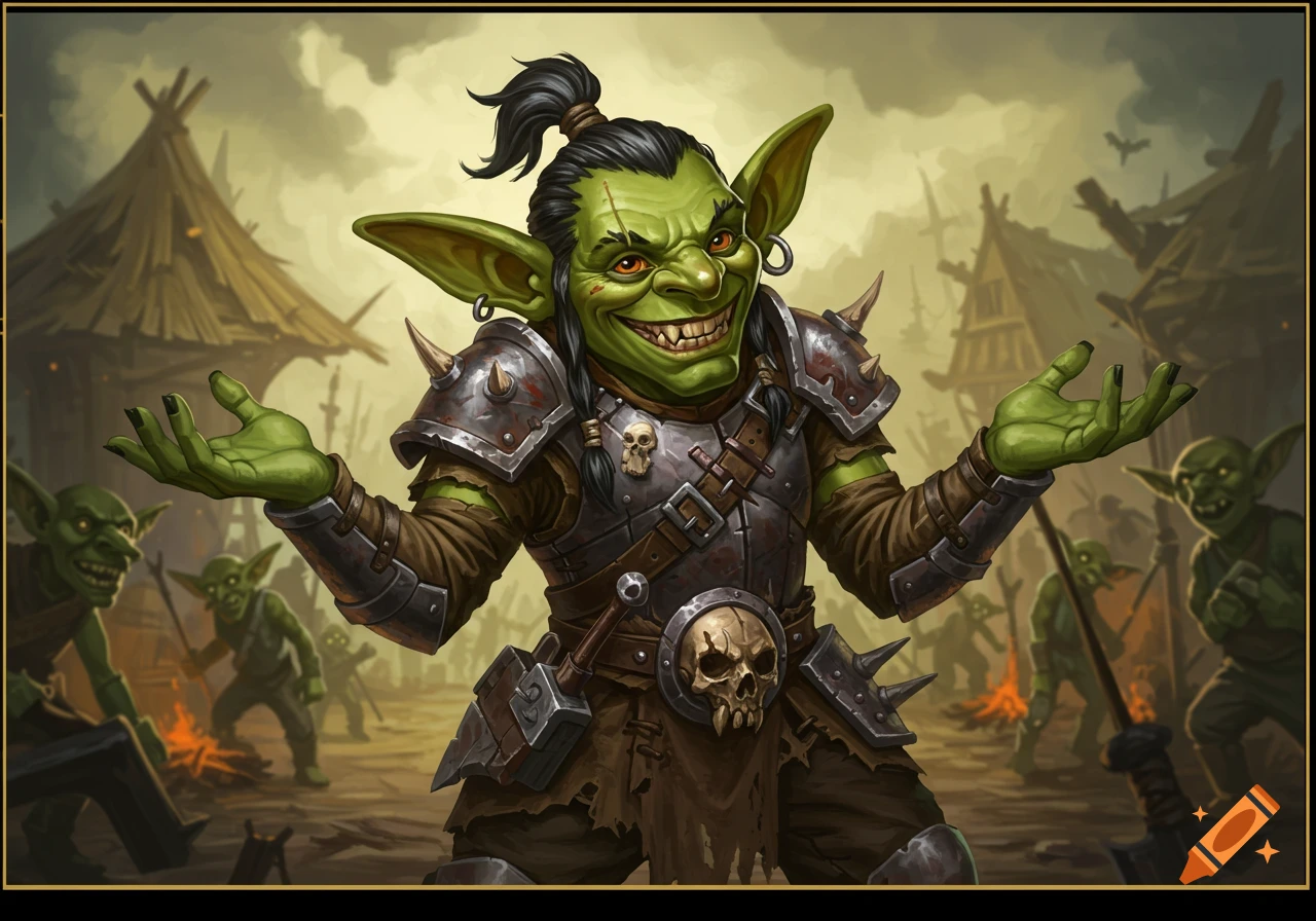 Grinning goblin in armor shrugging in a fantasy village setting on Craiyon