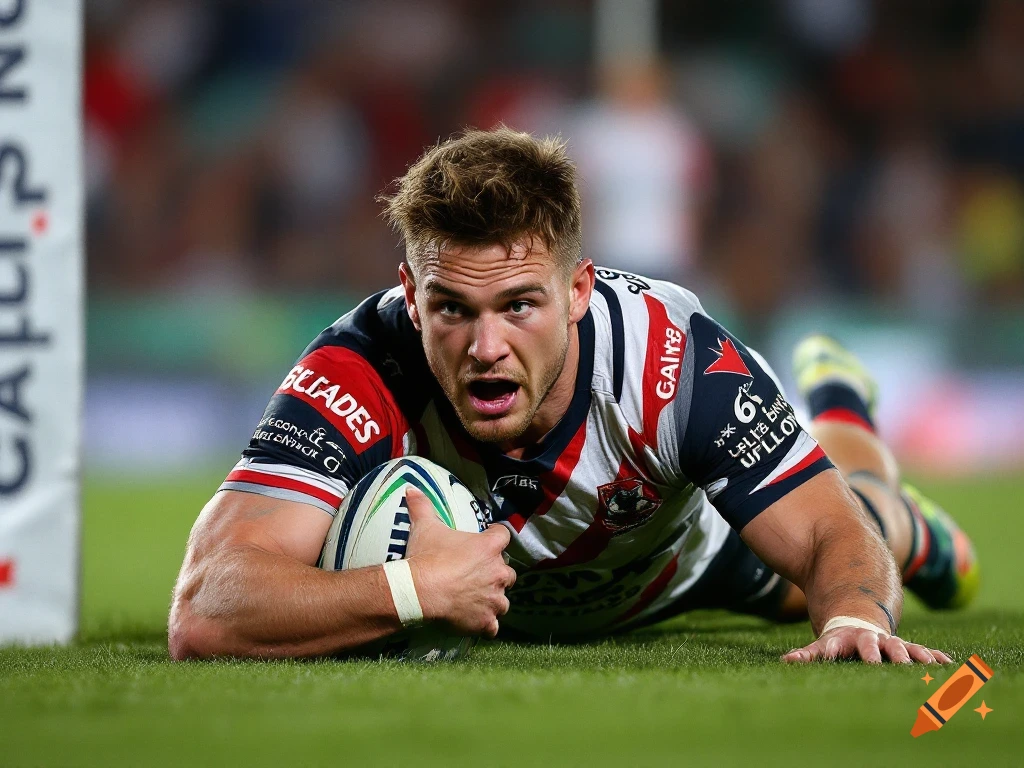 Rugby player scores a try by diving with the ball on the ground on Craiyon