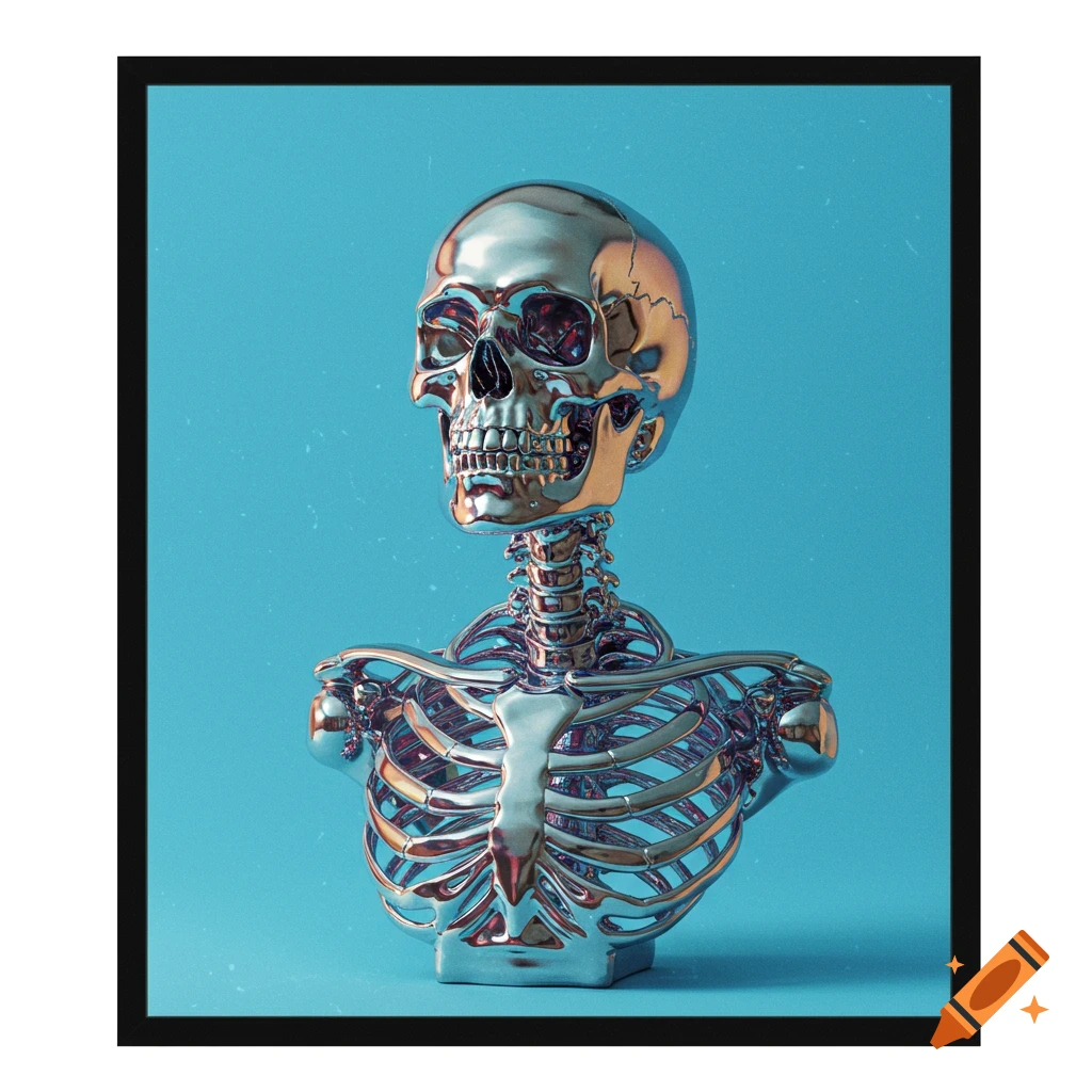 A shiny chrome skeleton bust against a light blue background. on Craiyon