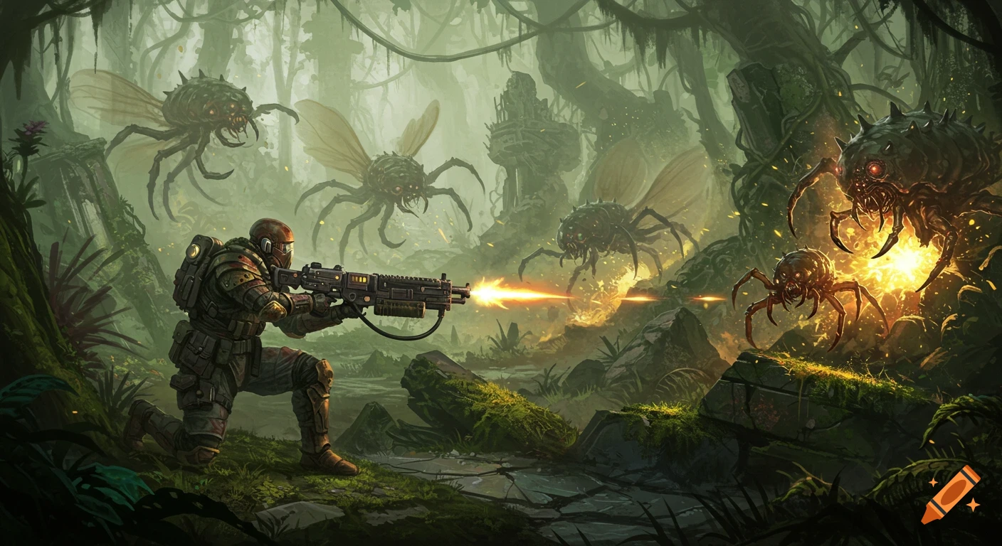 Soldier battles alien bugs in a misty sci-fi jungle. on Craiyon