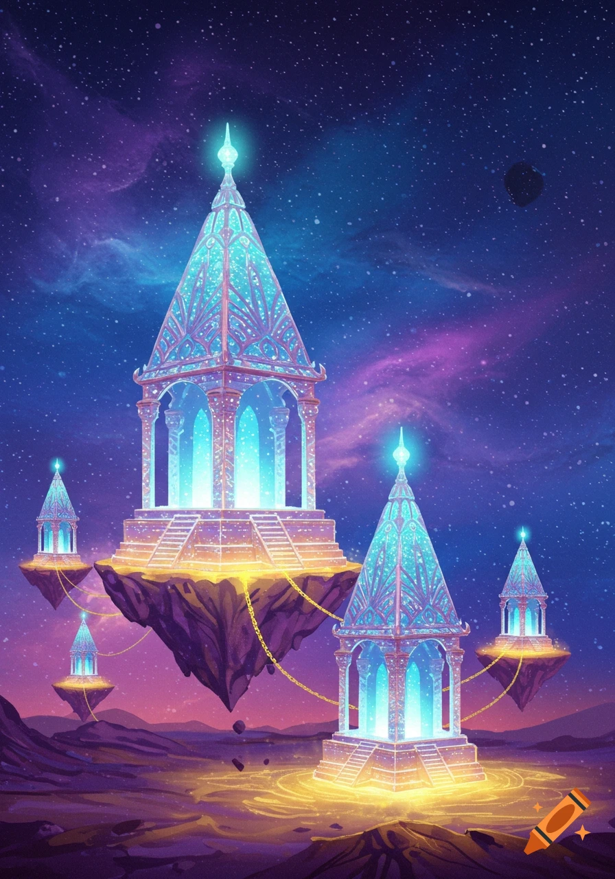 Fantasy illustration of glowing temples on floating islands above a ...