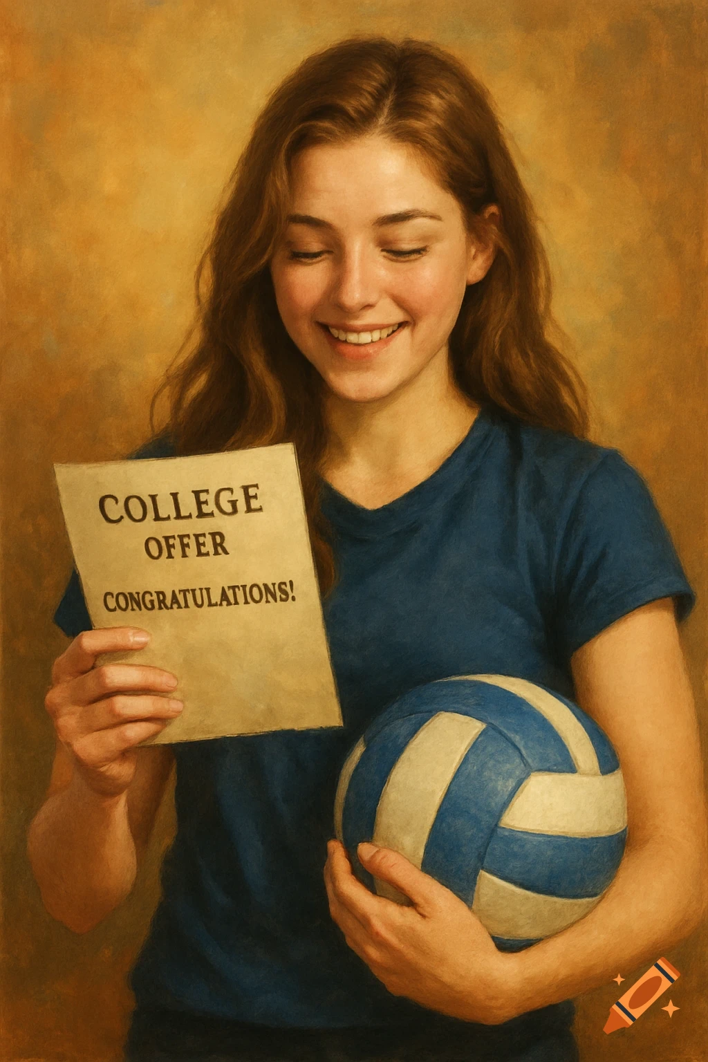 A young woman smiles, holding a paper that reads 'COLLEGE OFFER CONGRATULATIONS!' and a ...