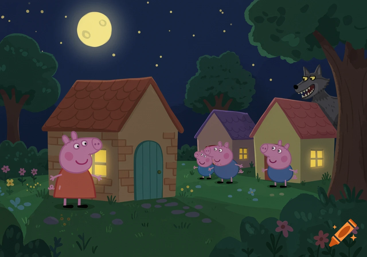 Cartoon of Peppa Pig, three little pigs, and the big bad wolf outside ...