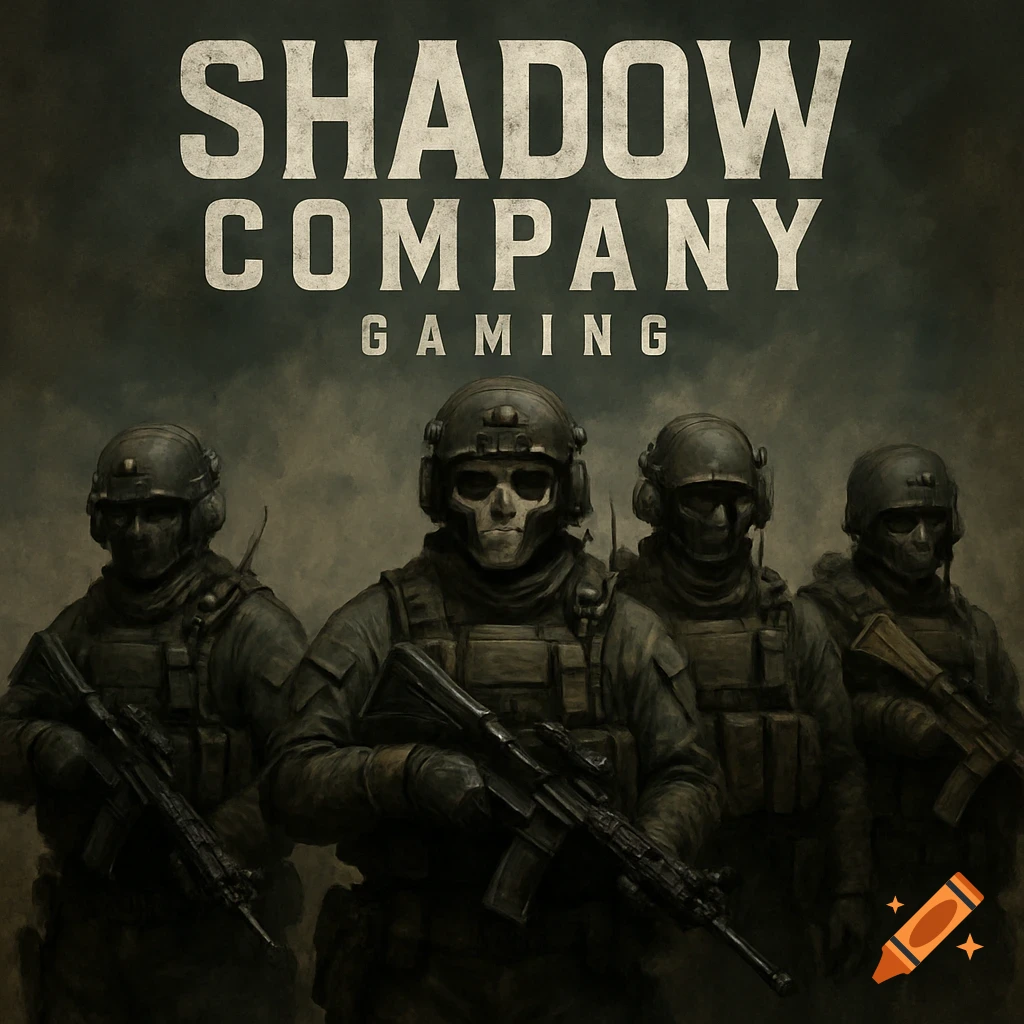 Four soldiers in tactical gear with rifles under text 'SHADOW COMPANY ...