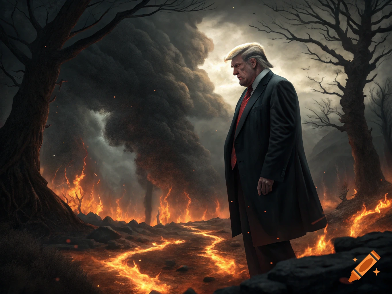 Donald Trump stands in a dark, fiery landscape with smoke and bare ...