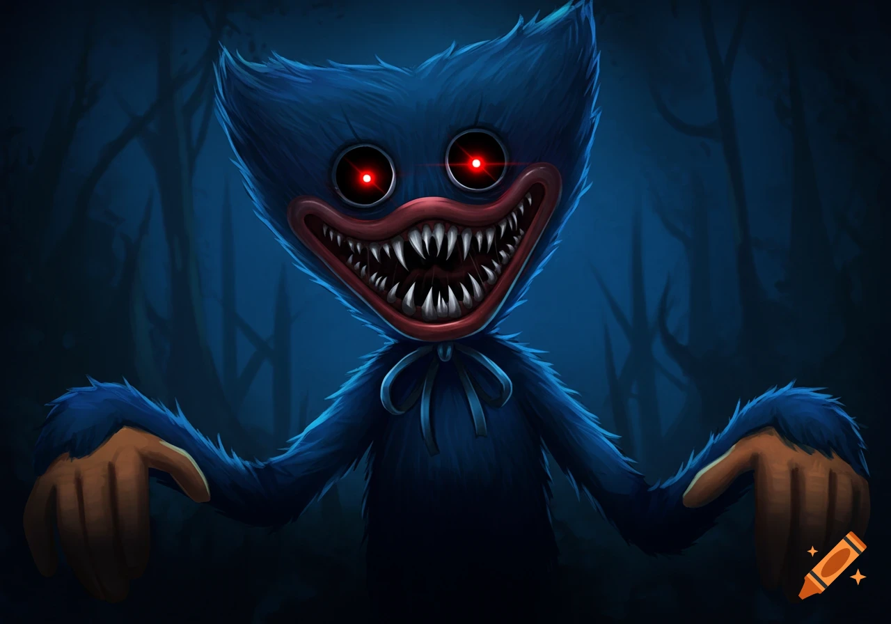 A scary blue monster with glowing red eyes and sharp teeth stares ...