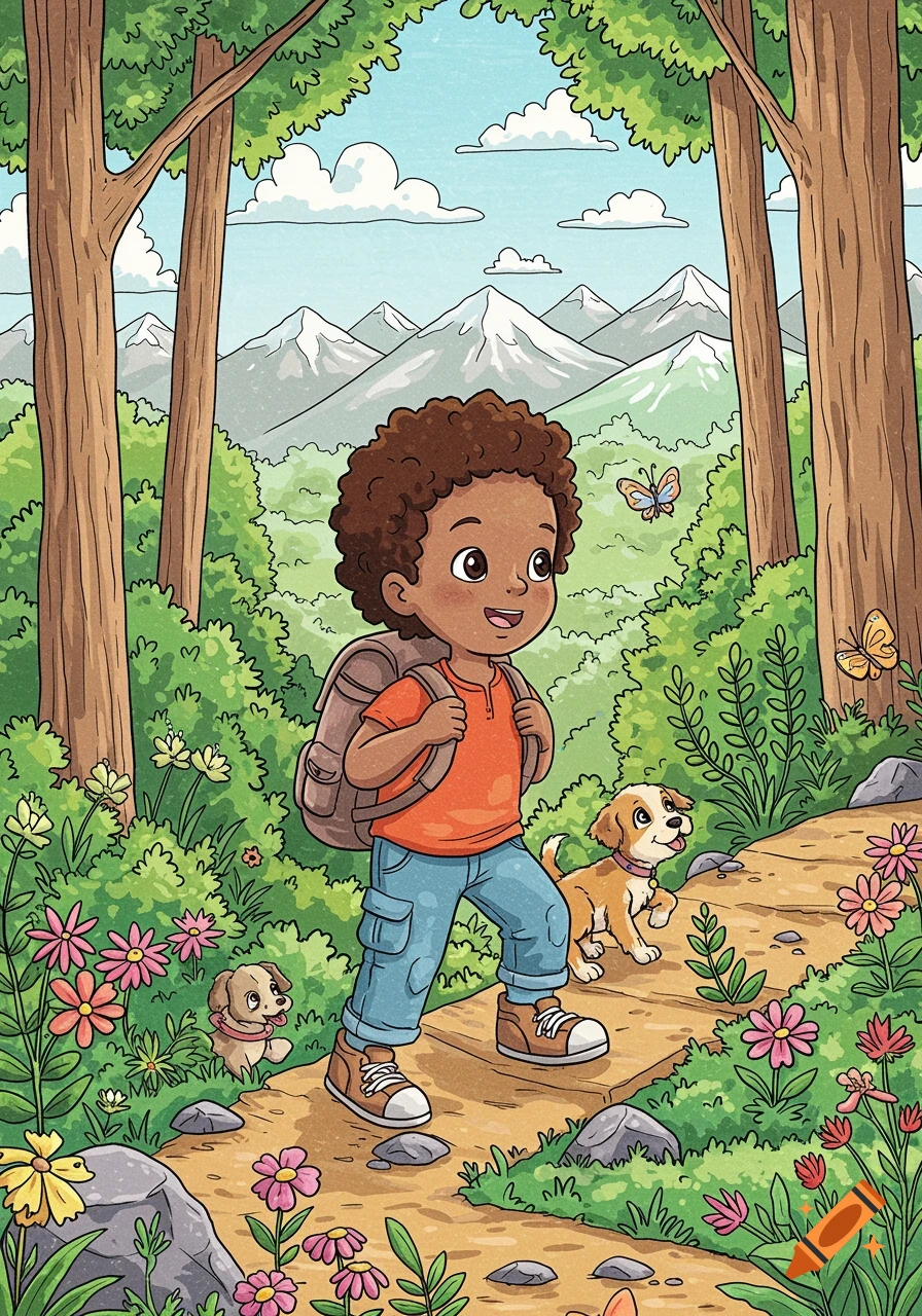 Cartoon illustration of a child hiking with puppies on a trail in a ...