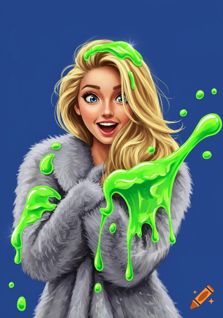Illustration of a surprised blonde woman in a fur coat covered in green ...