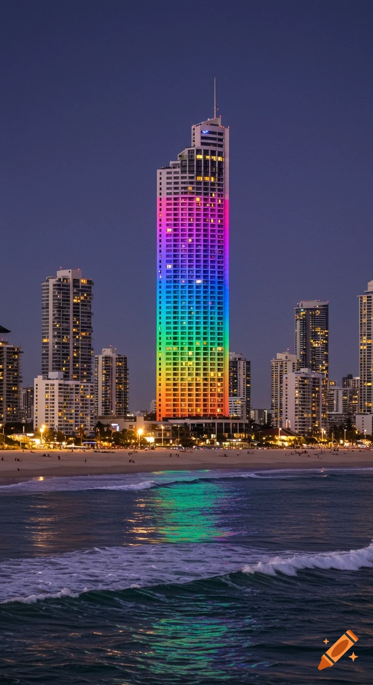 A tall building in a city skyline lit with rainbow colors at night ...