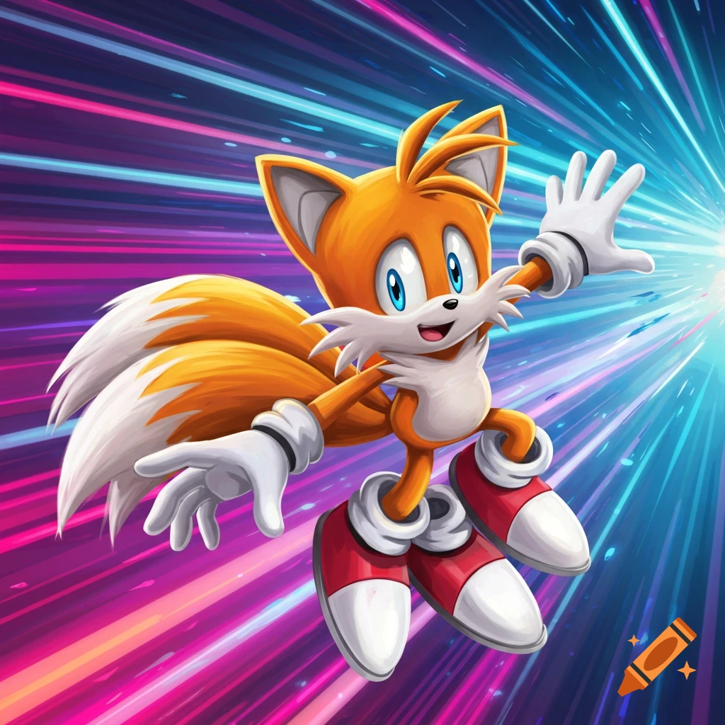 Tails from Sonic jumps through a colorful speed tunnel. on Craiyon