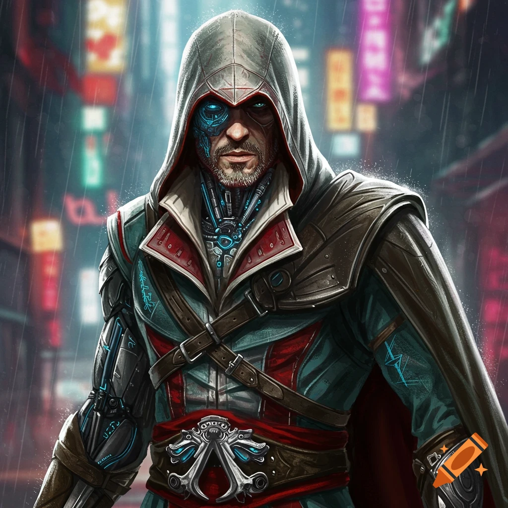 Cyborg character in Assassin's Creed style in a cyberpunk city setting ...