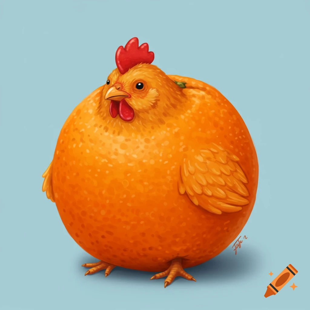 Illustration of a round chicken with an orange body on Craiyon