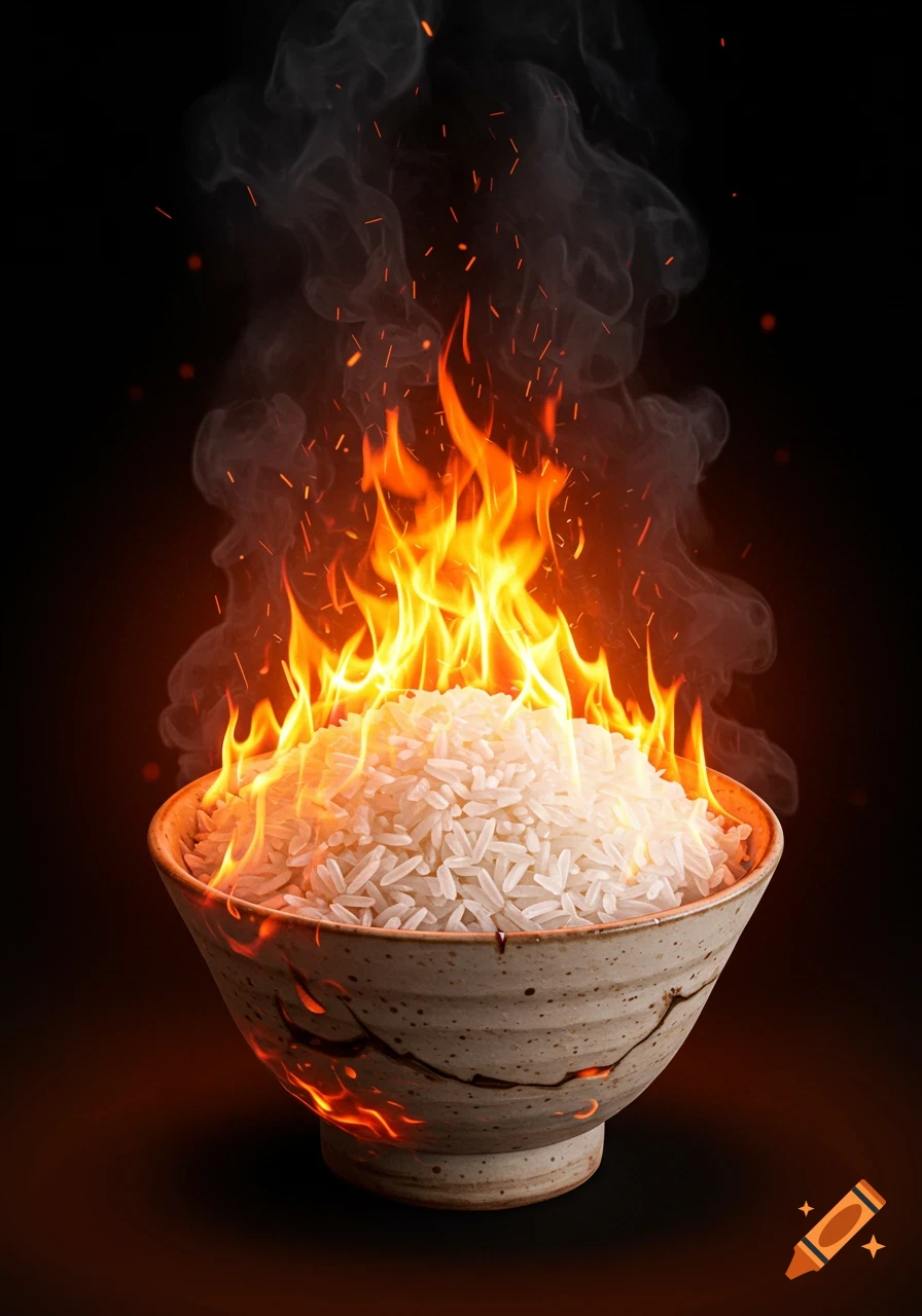 A bowl overflowing with white rice burns with bright orange flames and ...