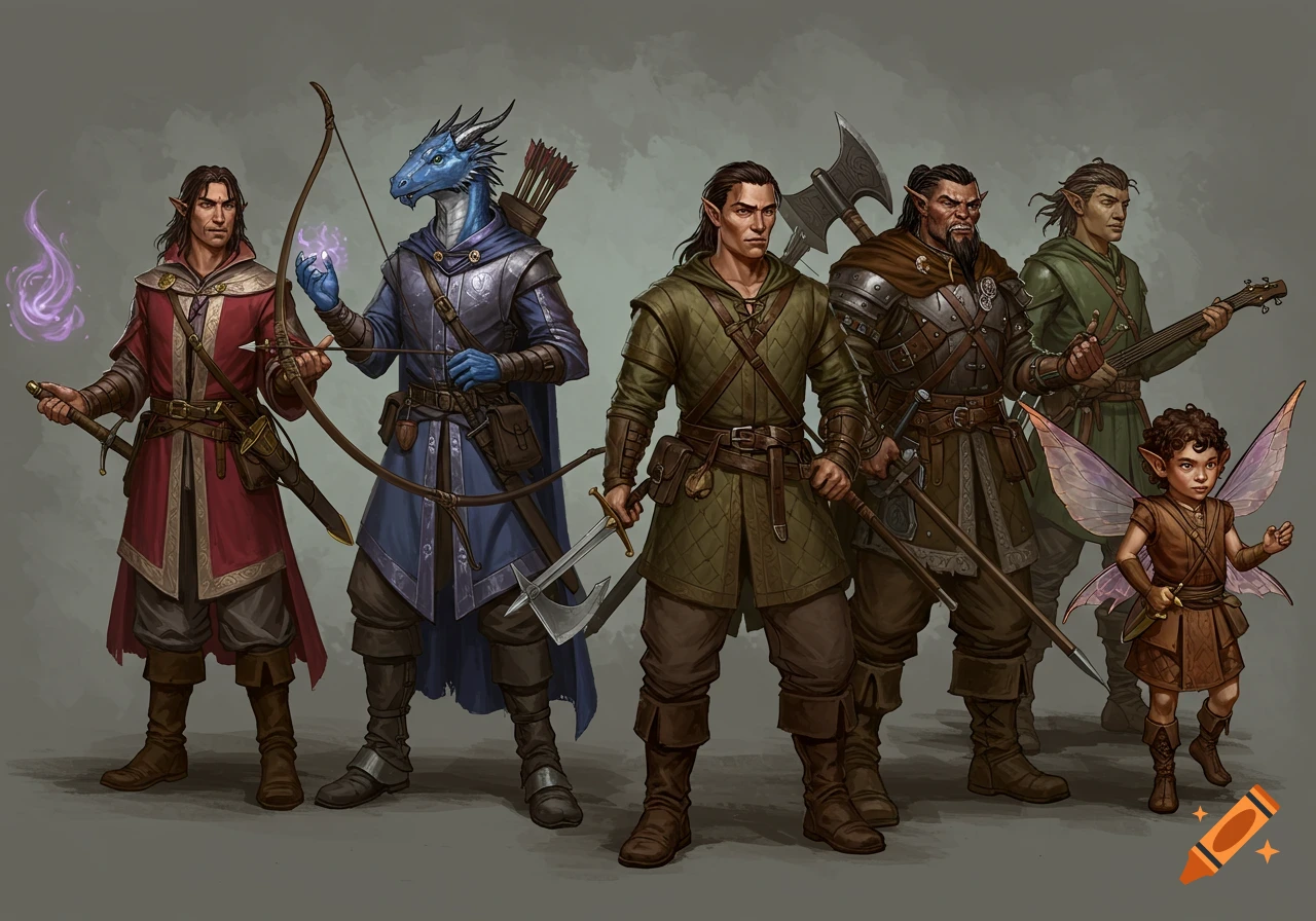 A painting of a diverse fantasy adventuring party including humans, a ...