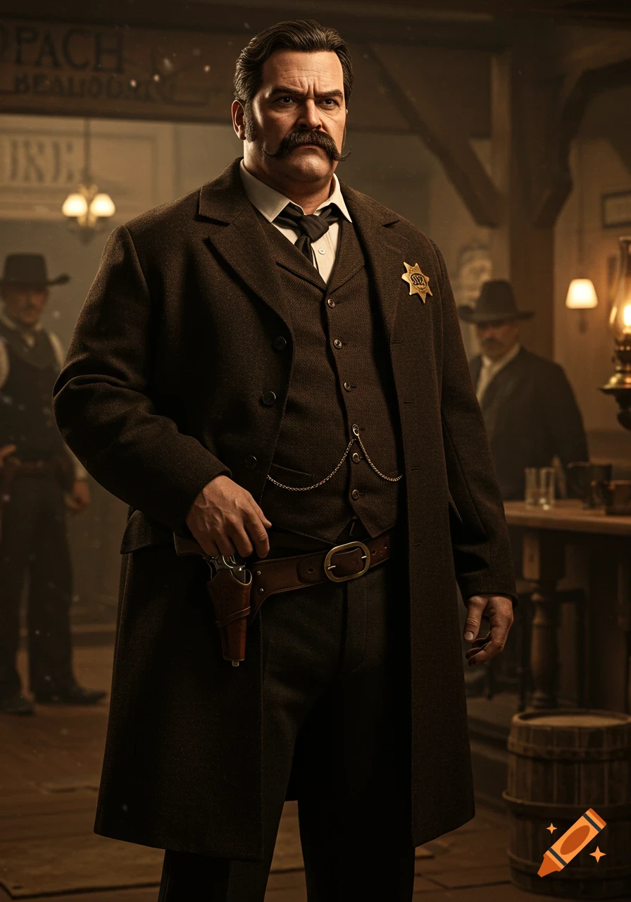Photorealistic portrait of a man with a mustache in a 1860s sheriff ...