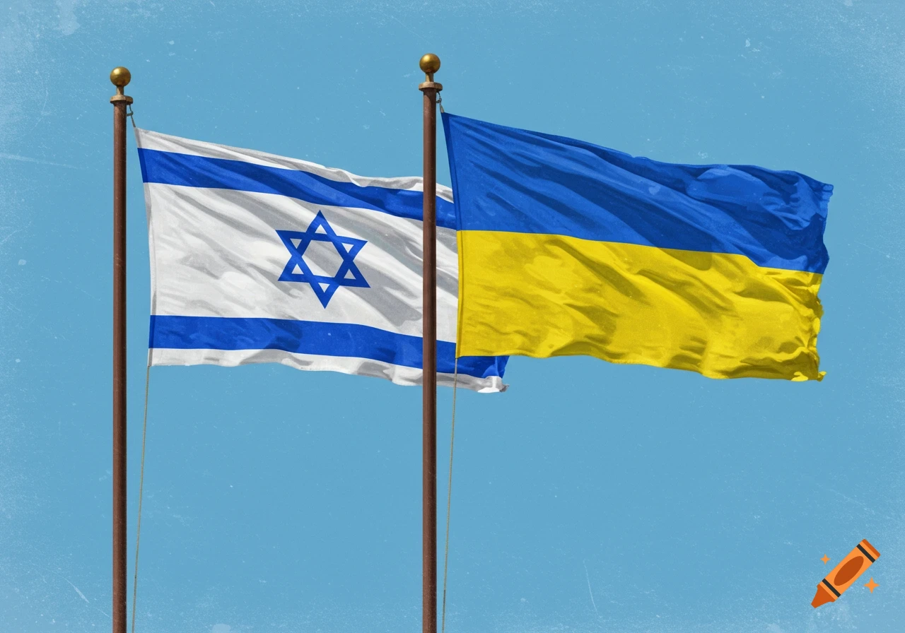 Israeli and Ukrainian flags flying side by side against a blue sky. on ...