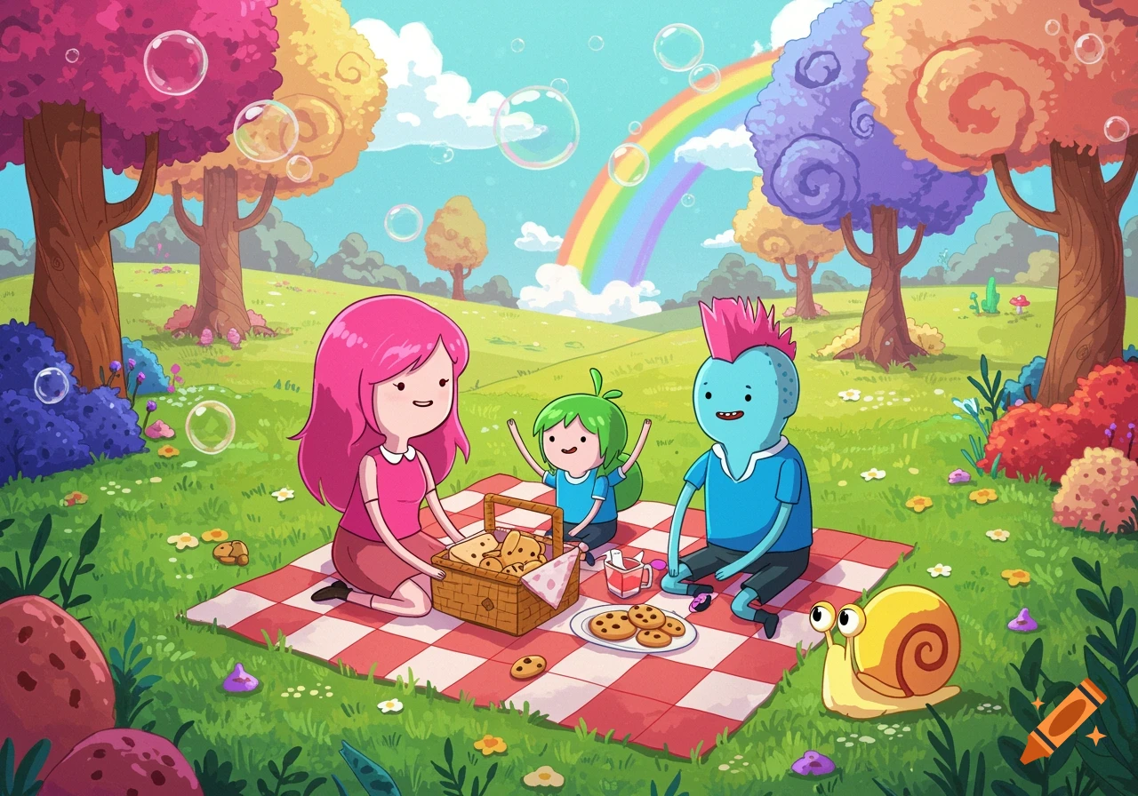 Cartoon characters having a picnic in a colorful landscape with bubbles ...