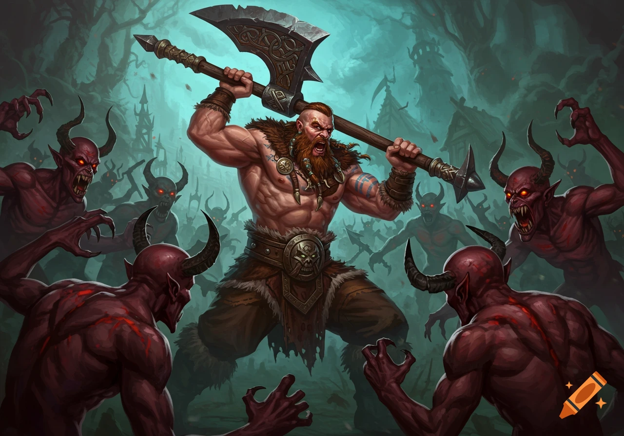 Illustration of a muscular barbarian fighting red demons in a dark ...
