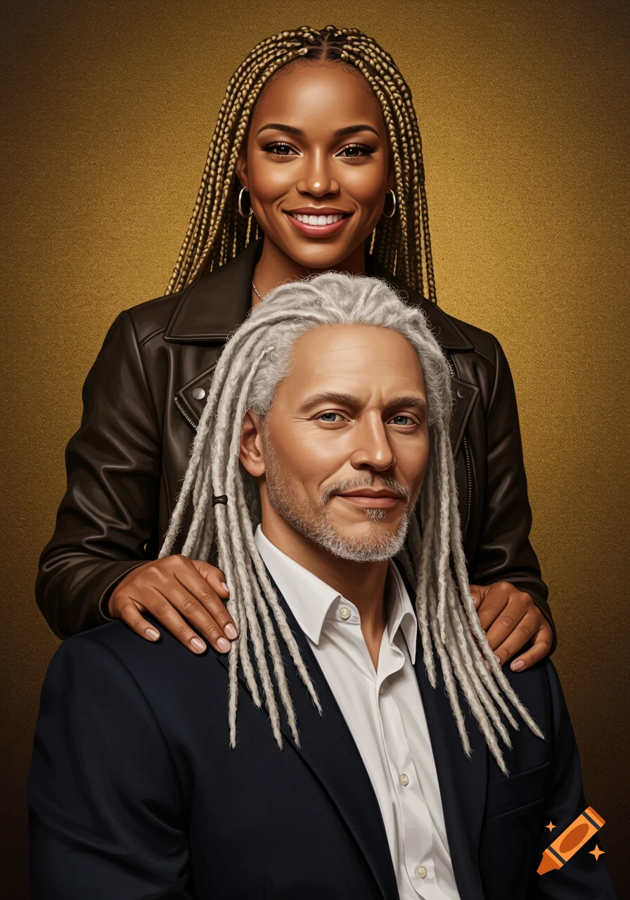 Stylized portrait of a man with white dreadlocks in a suit and a woman ...