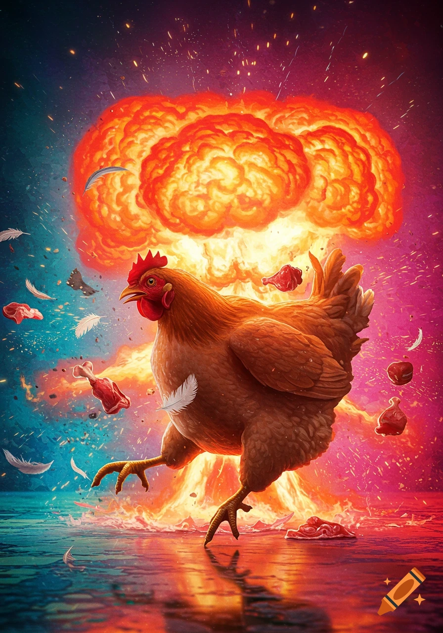 A chicken runs from a fiery explosion, with feathers and pieces of meat ...