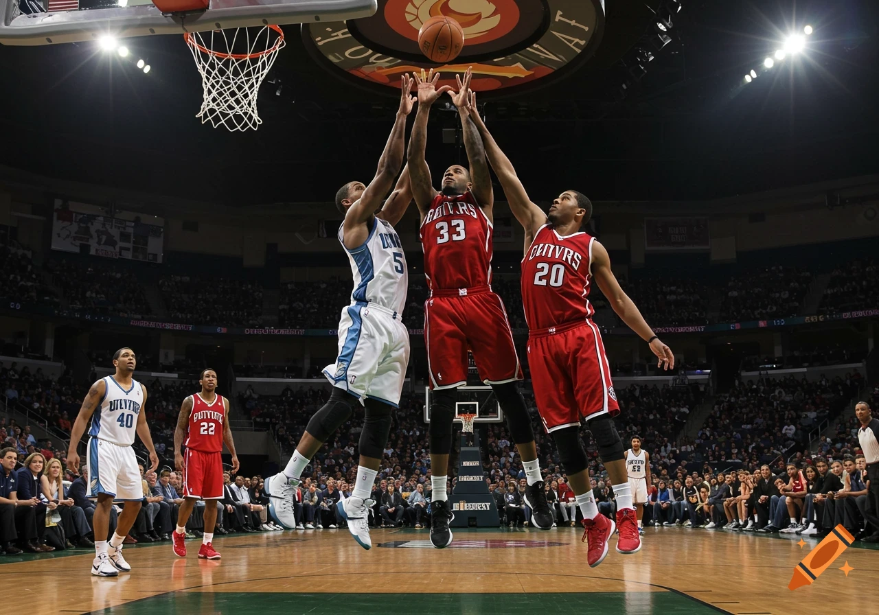 Three basketball players jump for a rebound during a game, with a ...