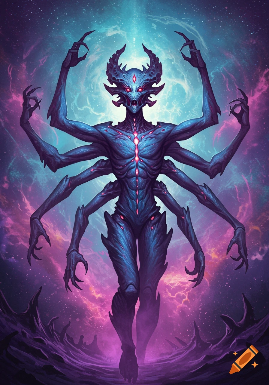 A multi-limbed blue and red creature with horns stands against a cosmic ...