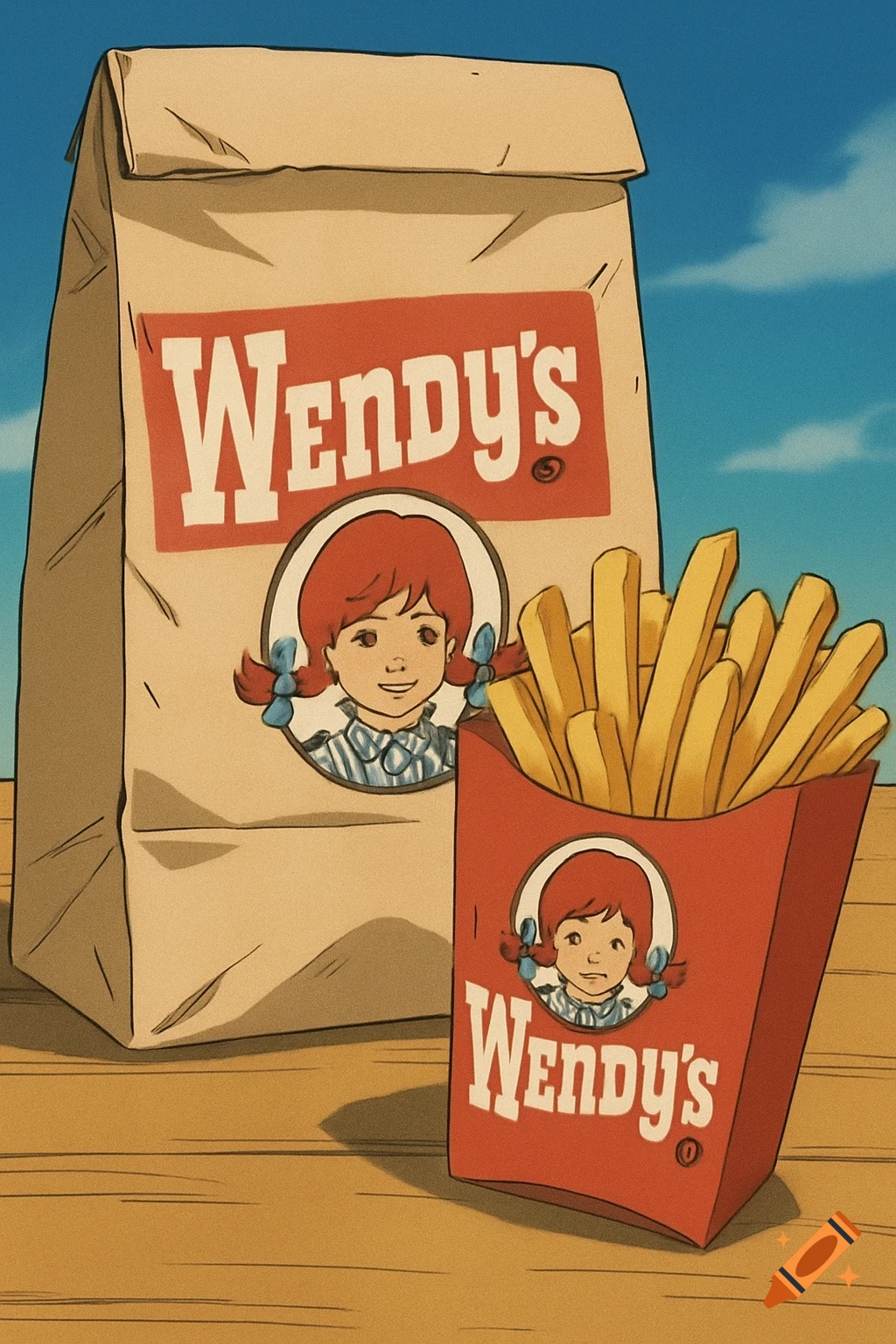 Wendy's bag and fries in 90s anime style. on Craiyon