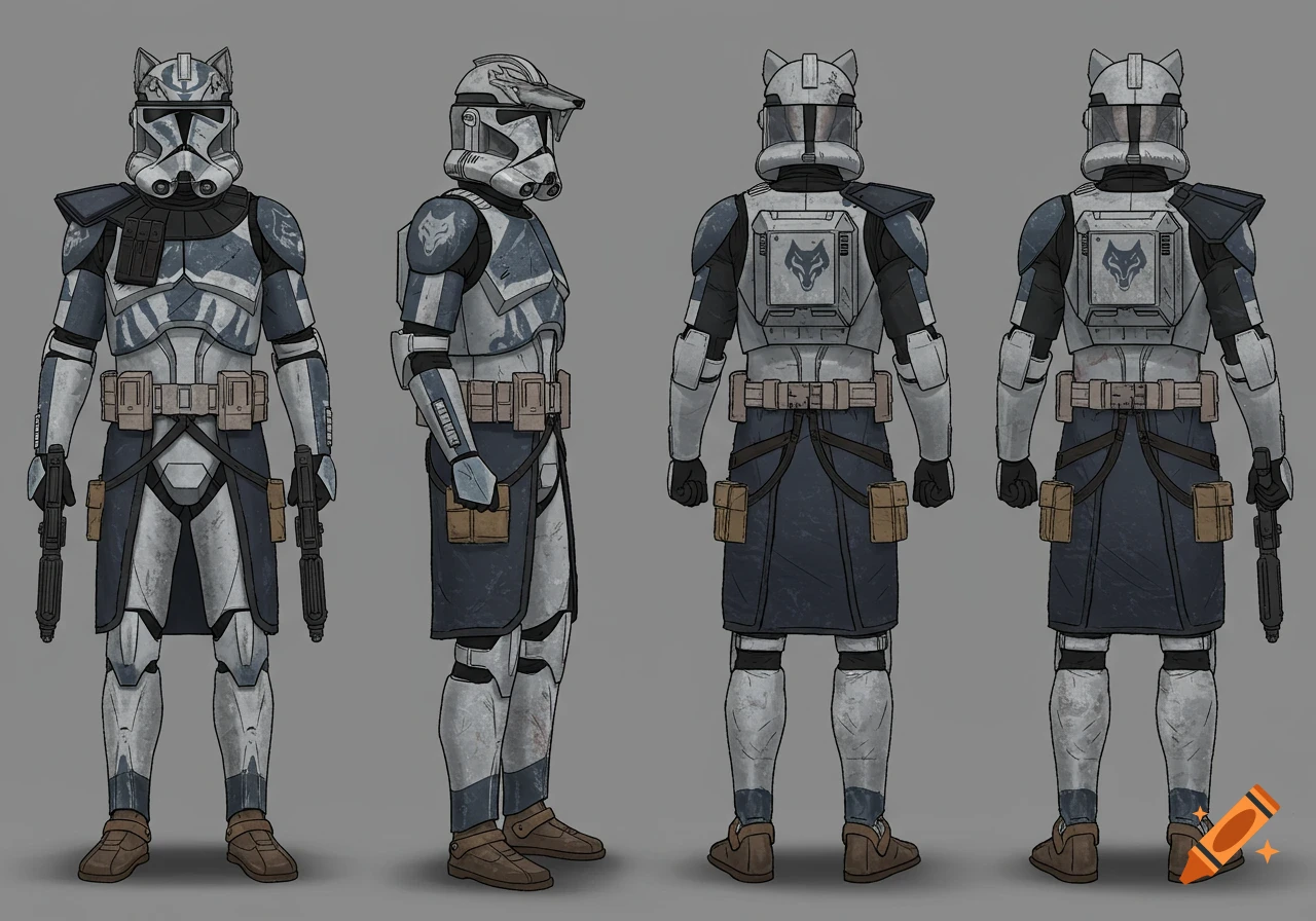 Four orthographic views of a Star Wars Clone Trooper in 104th Battalion (Wolfpack) Airborne ...