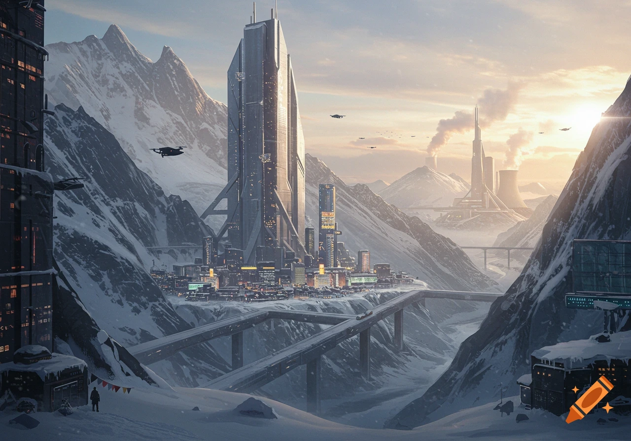 A futuristic city built in a snowy mountain valley, with tall geometric ...