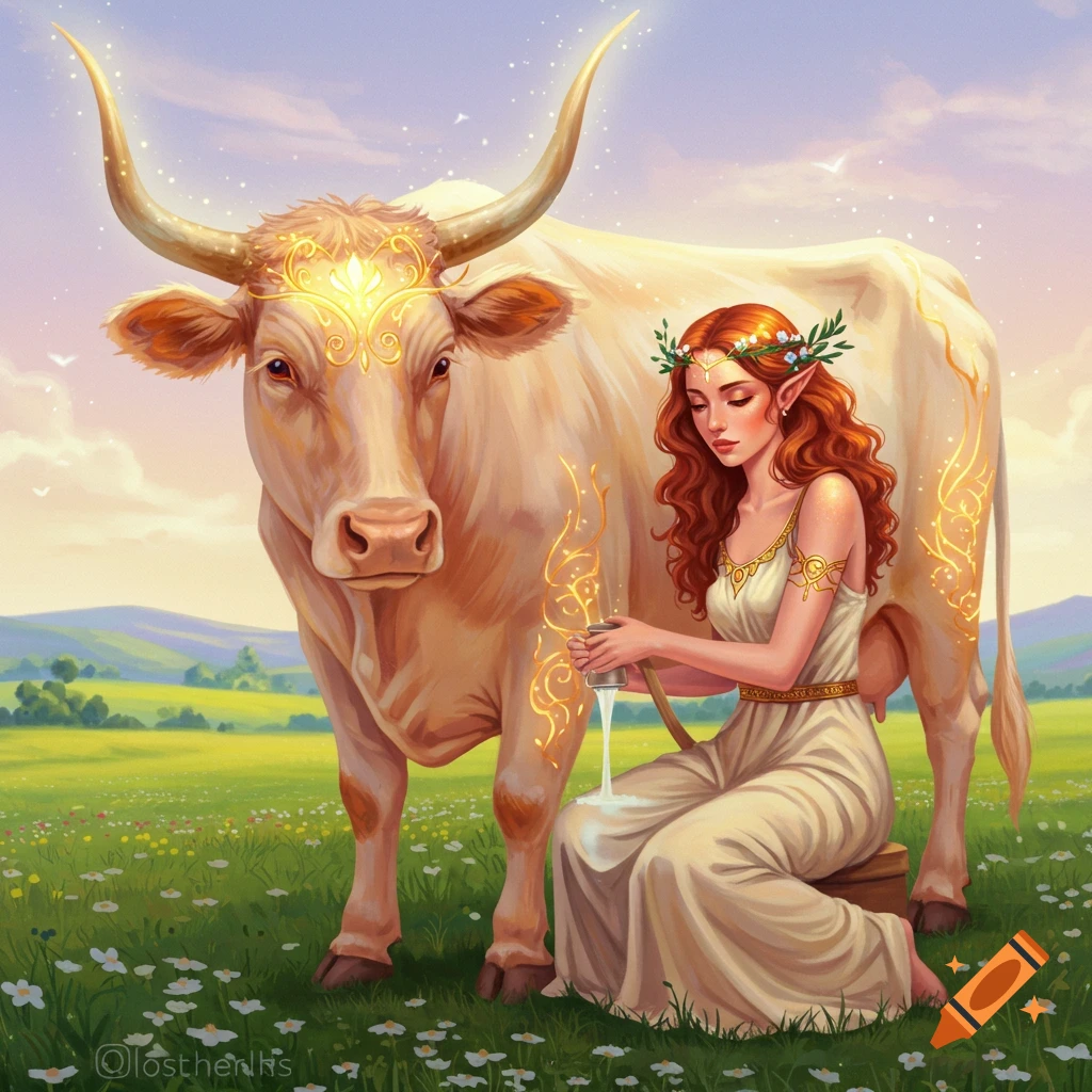 Fantasy woman with elf ears milking ornate cow in a field, digital ...