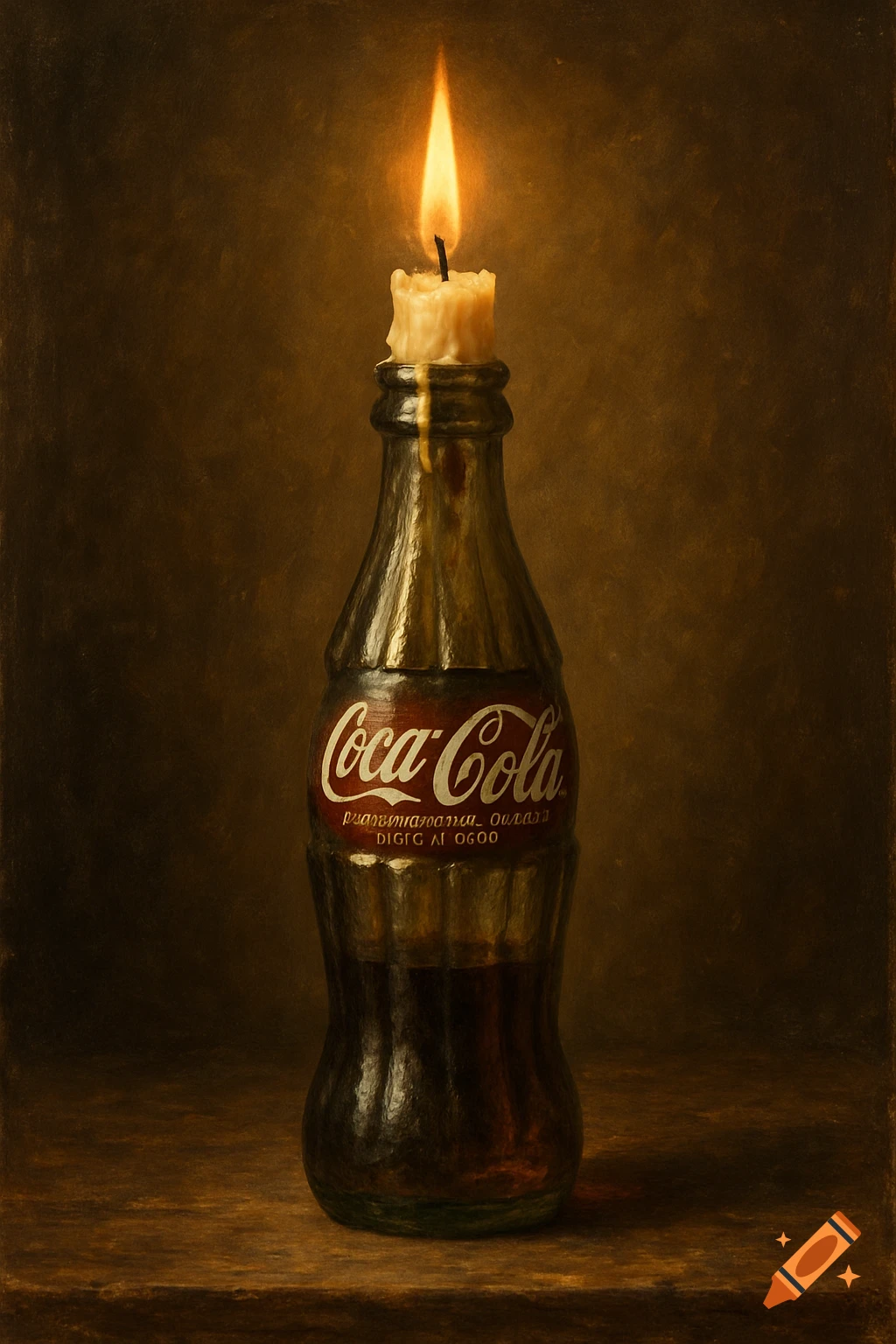 A still life painting of a Coca-Cola glass bottle used as a candle ...