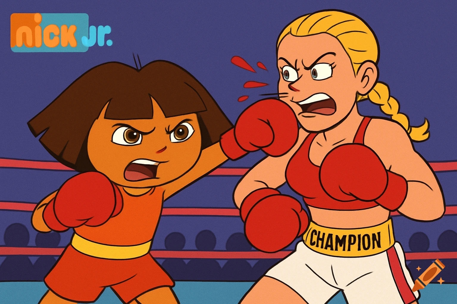 Cartoon of Dora the Explorer boxing another fighter in a ring. on Craiyon