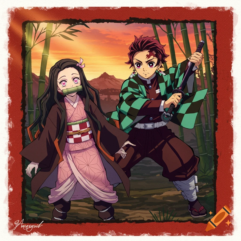 Anime fan art of Tanjiro and Nezuko from Demon Slayer posing with a ...