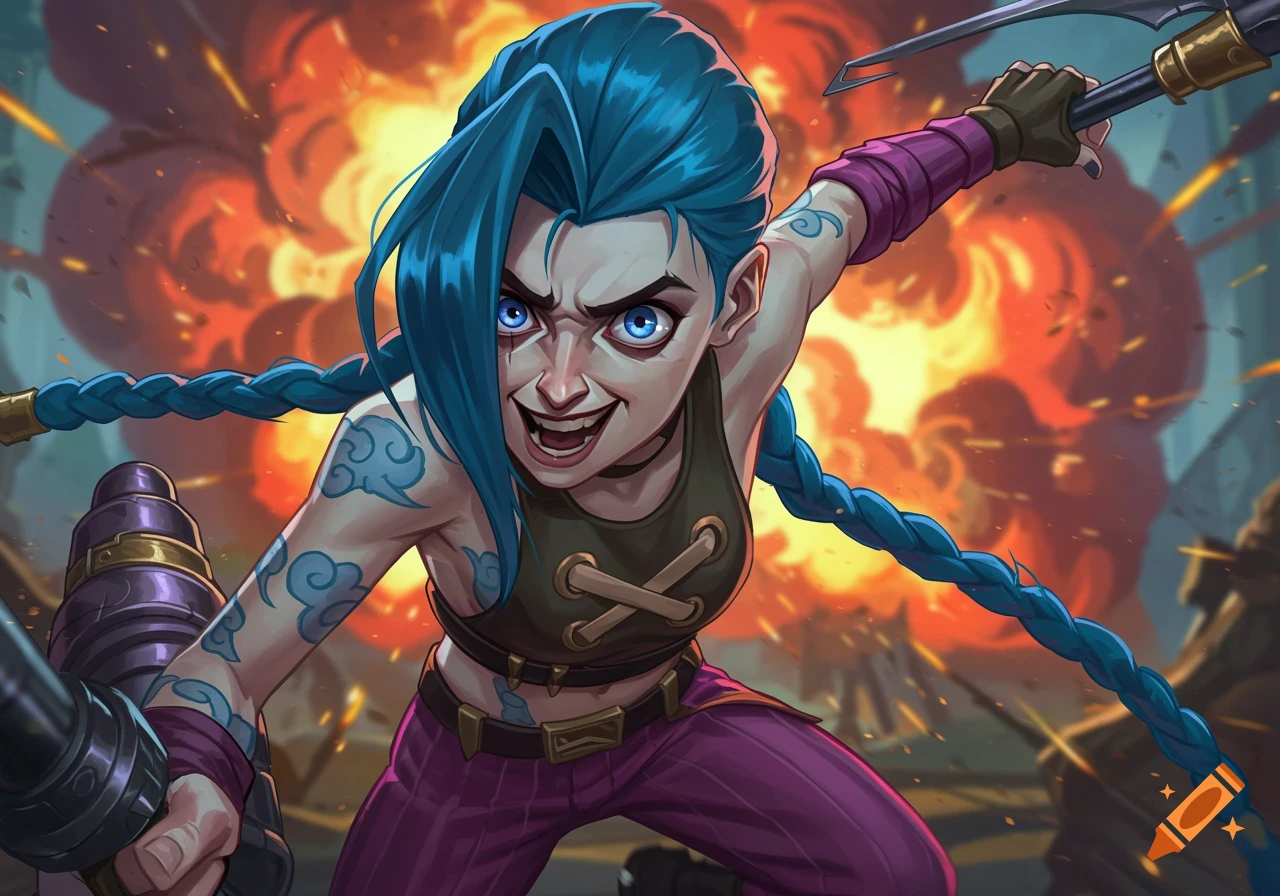 Jinx from Arcane lunging forward with a weapon, a large explosion ...