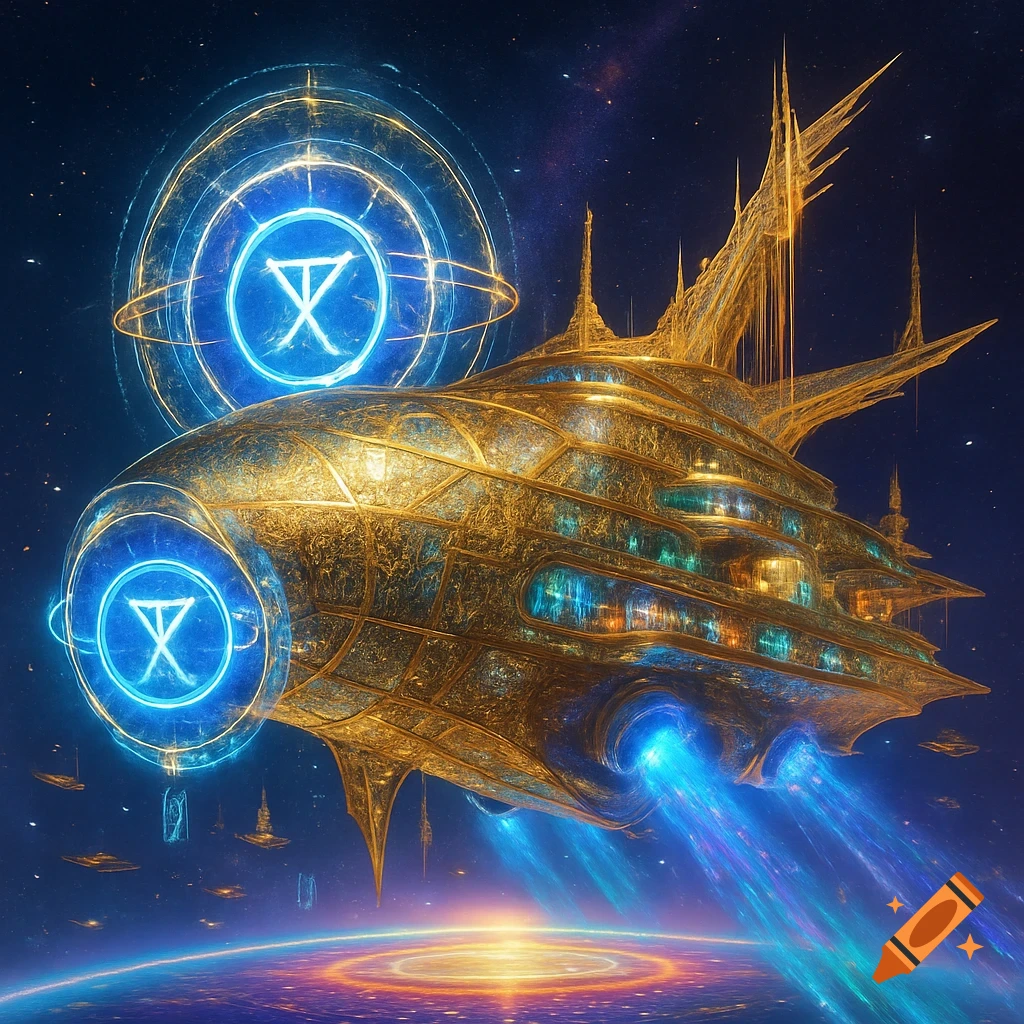 Ornate golden spaceship with glowing blue energy symbols and thrusters ...