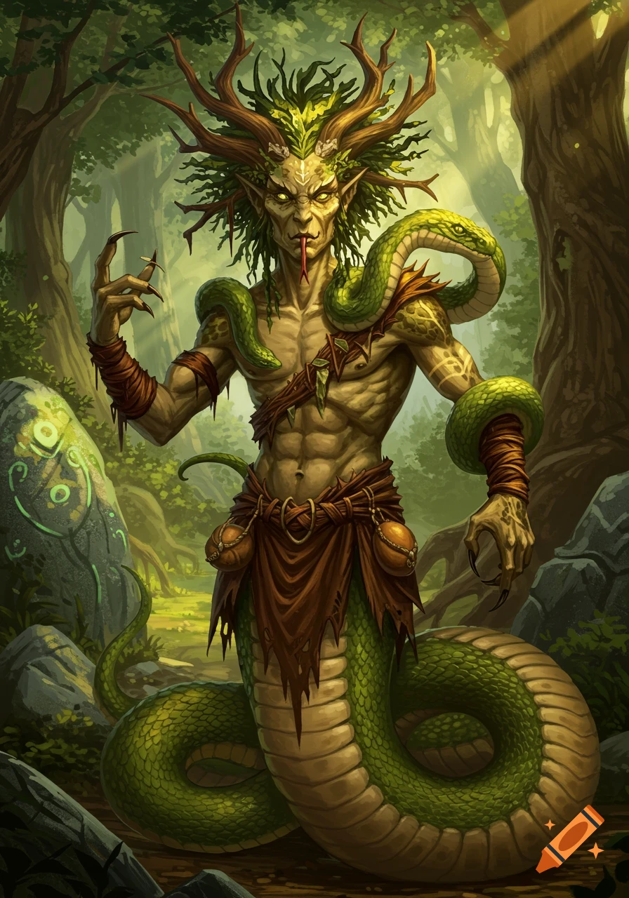 Fantasy art of a serpentine creature with human torso, antlers, and ...