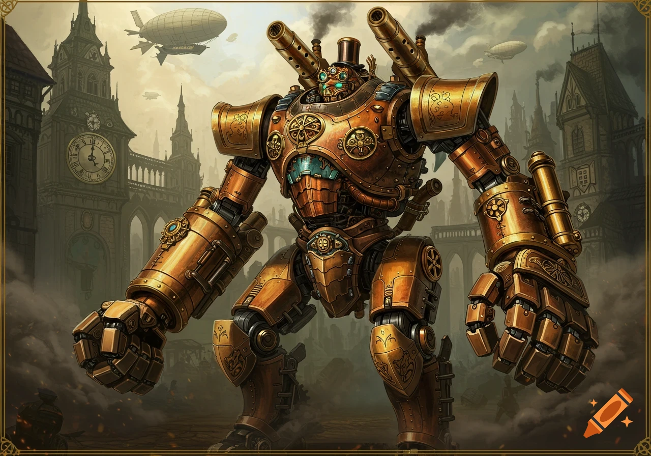 A large, detailed steampunk robot stands in a city square with clock ...