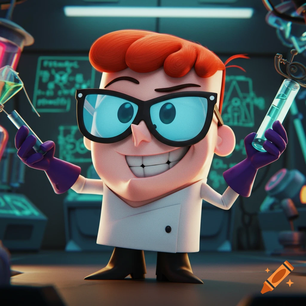 Dexter from Dexter's Laboratory holding beakers in a lab, smiling. 3D ...