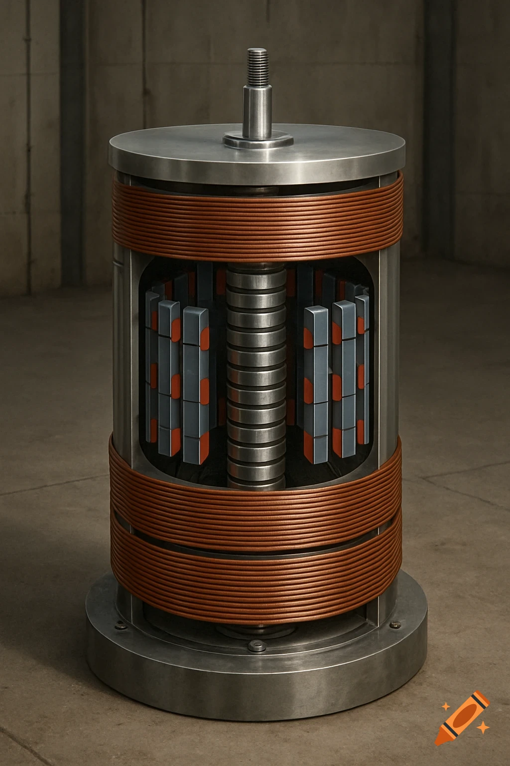 A detailed technical rendering of a cylindrical generator with copper ...