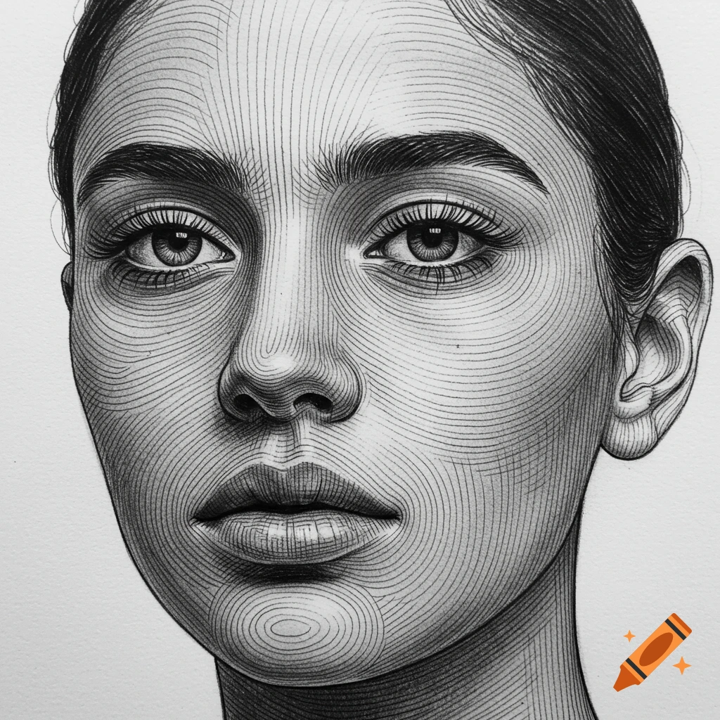 Black and white portrait drawing of a woman's face using parallel lines ...