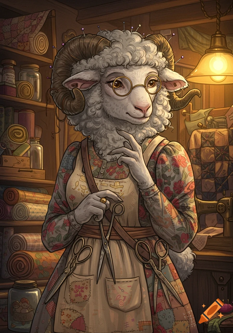 Anthropomorphic sheep in a sewing room holds scissors, surrounded by ...