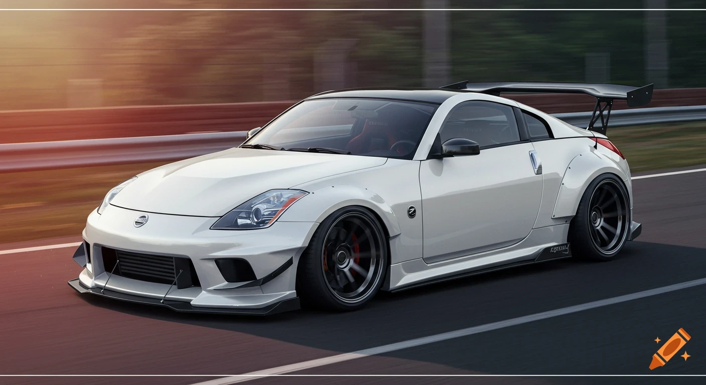 White Nissan 350z widebody sports car driving on a track. on Craiyon