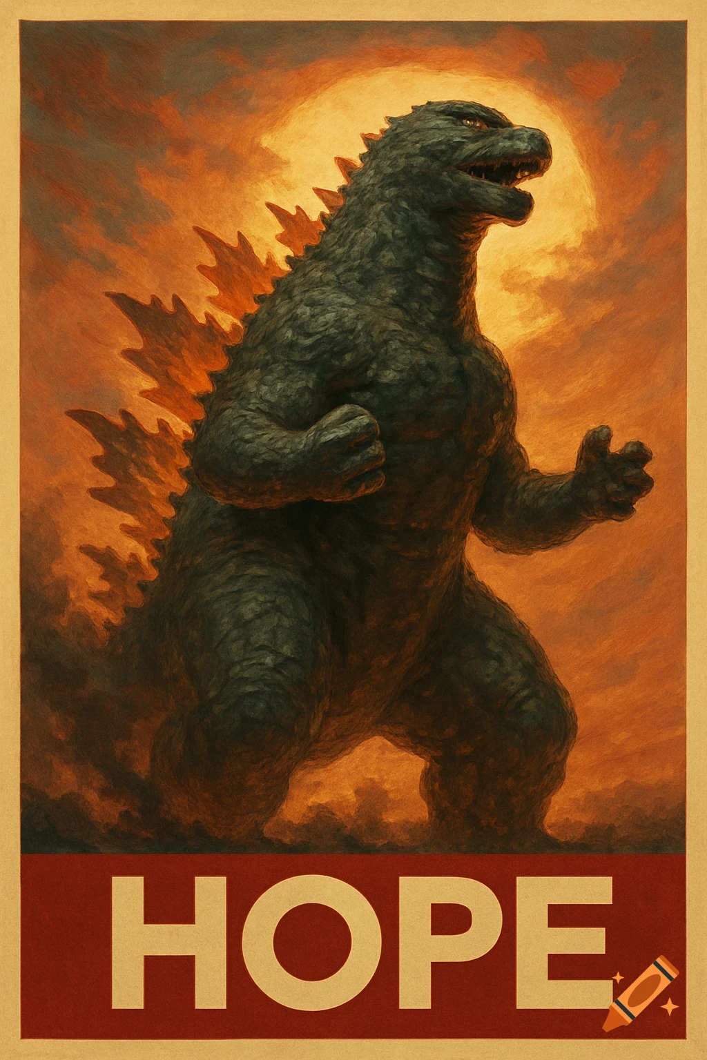 Stylized poster of Godzilla standing with the word HOPE below. on Craiyon