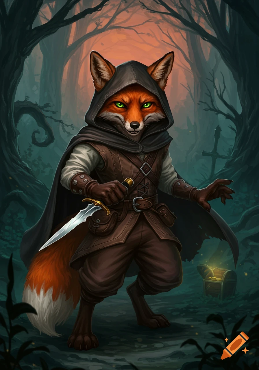Anthropomorphic fox character in fantasy rogue attire holding a dagger ...