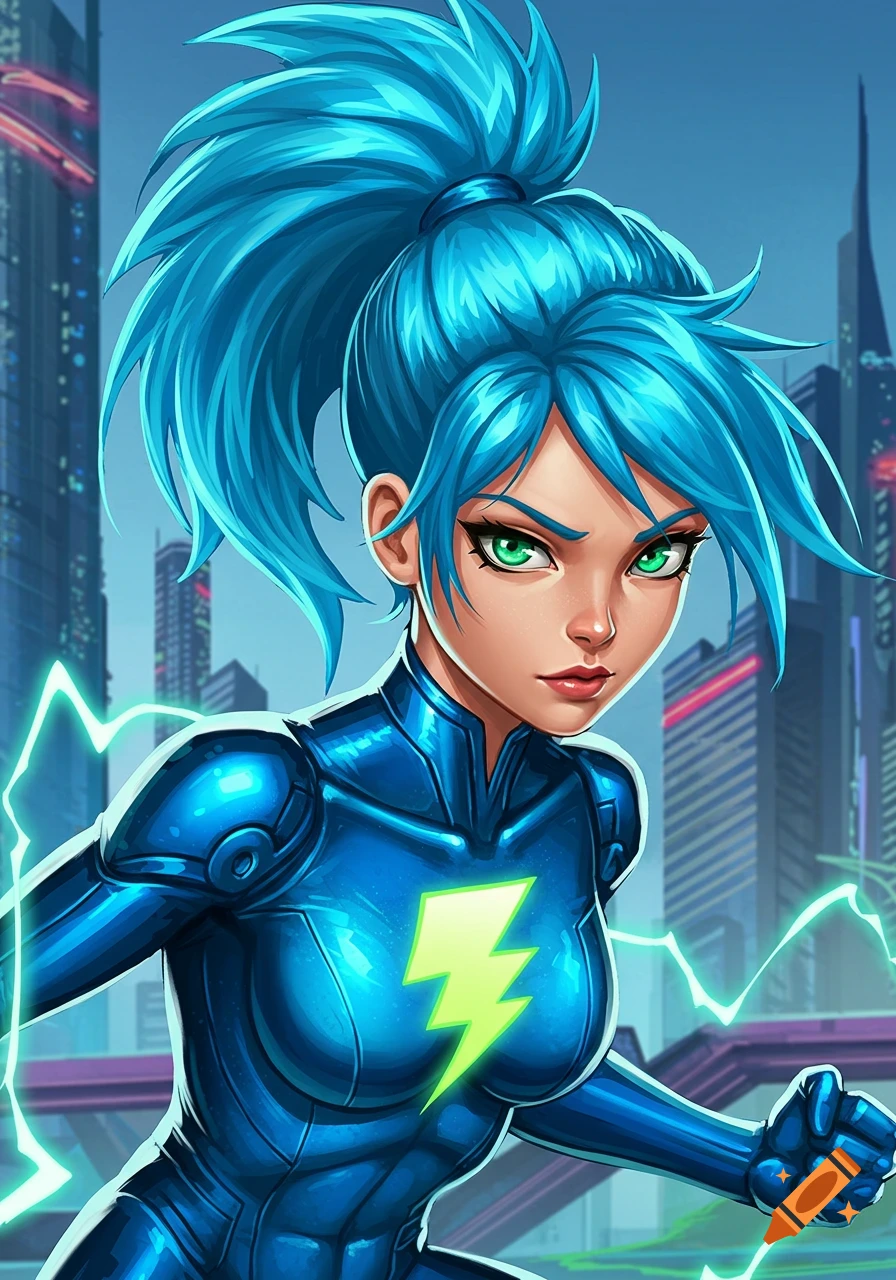 A superhero girl with blue hair and lightning emblem in a city. on Craiyon