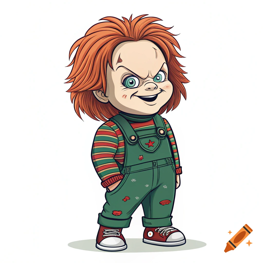 Cartoon illustration of Chucky doll smiling in overalls. on Craiyon